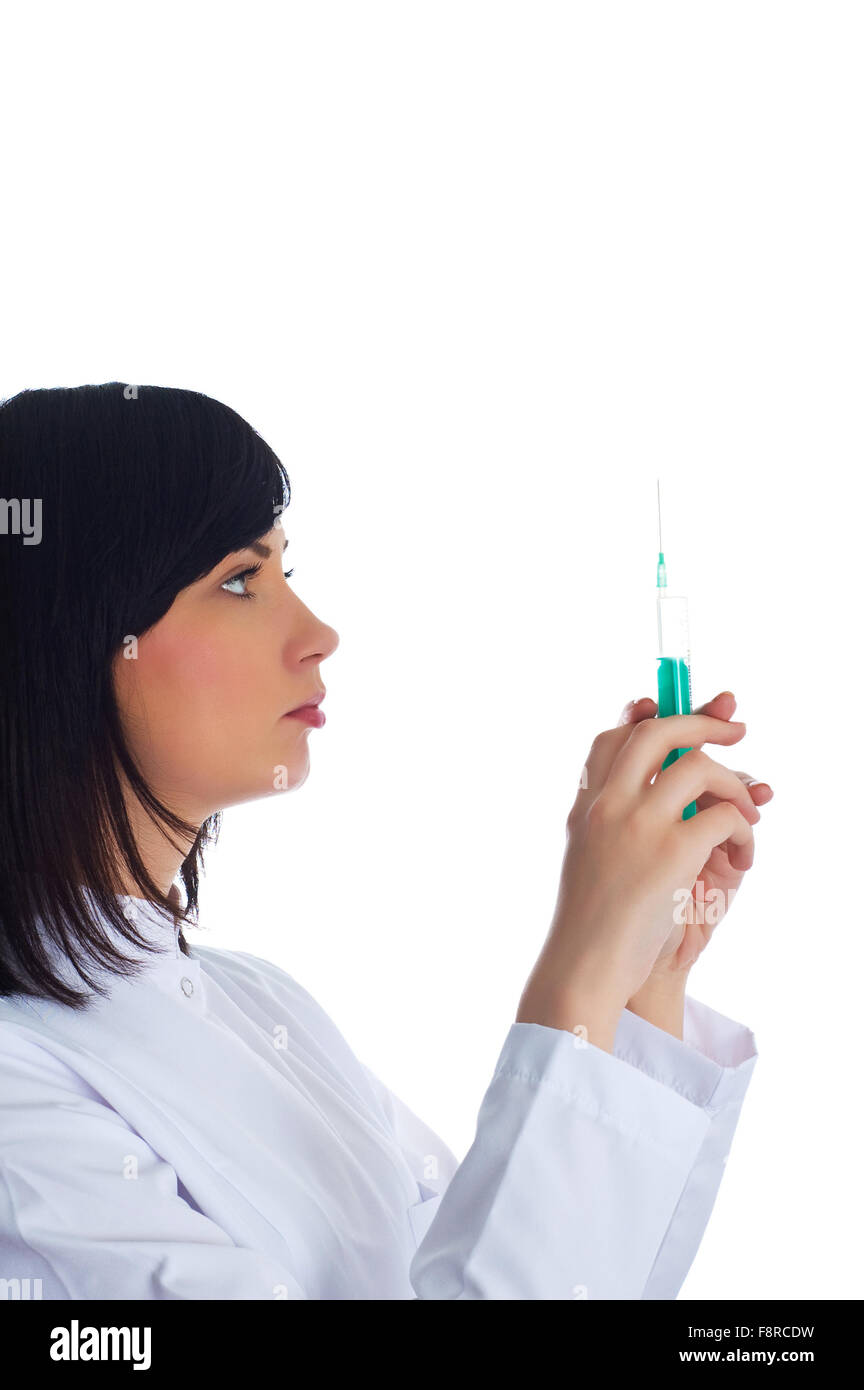 Woman checking syringe isolated on the white Stock Photo - Alamy