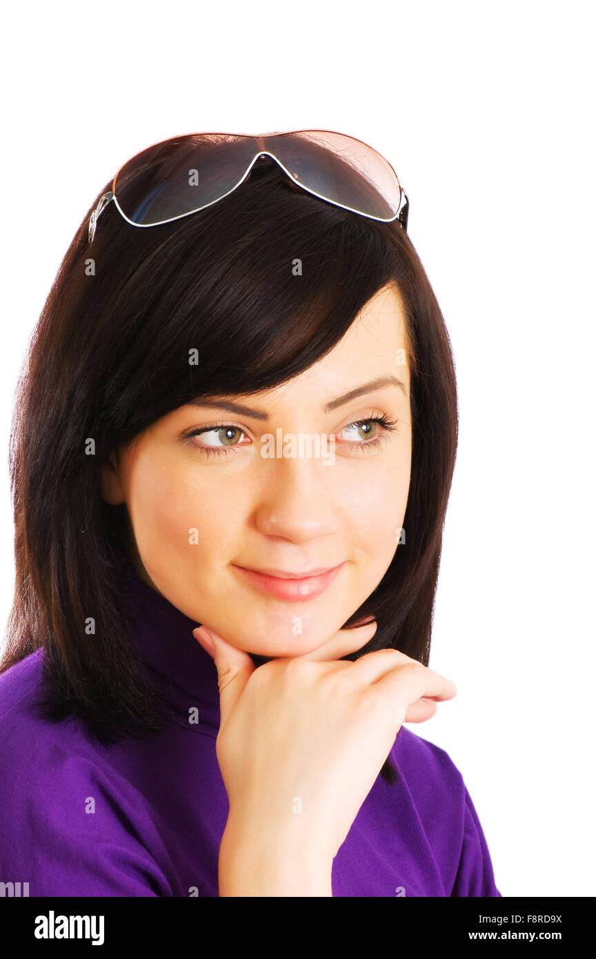 Young girl isolated on white looking to the left Stock Photo - Alamy