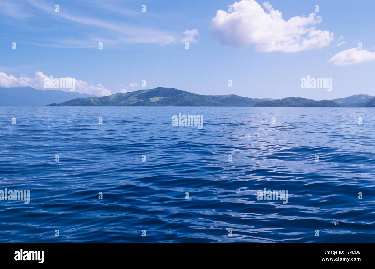 Fiji Islands, view of Taveuni from ocean while traveling via ferry from ...