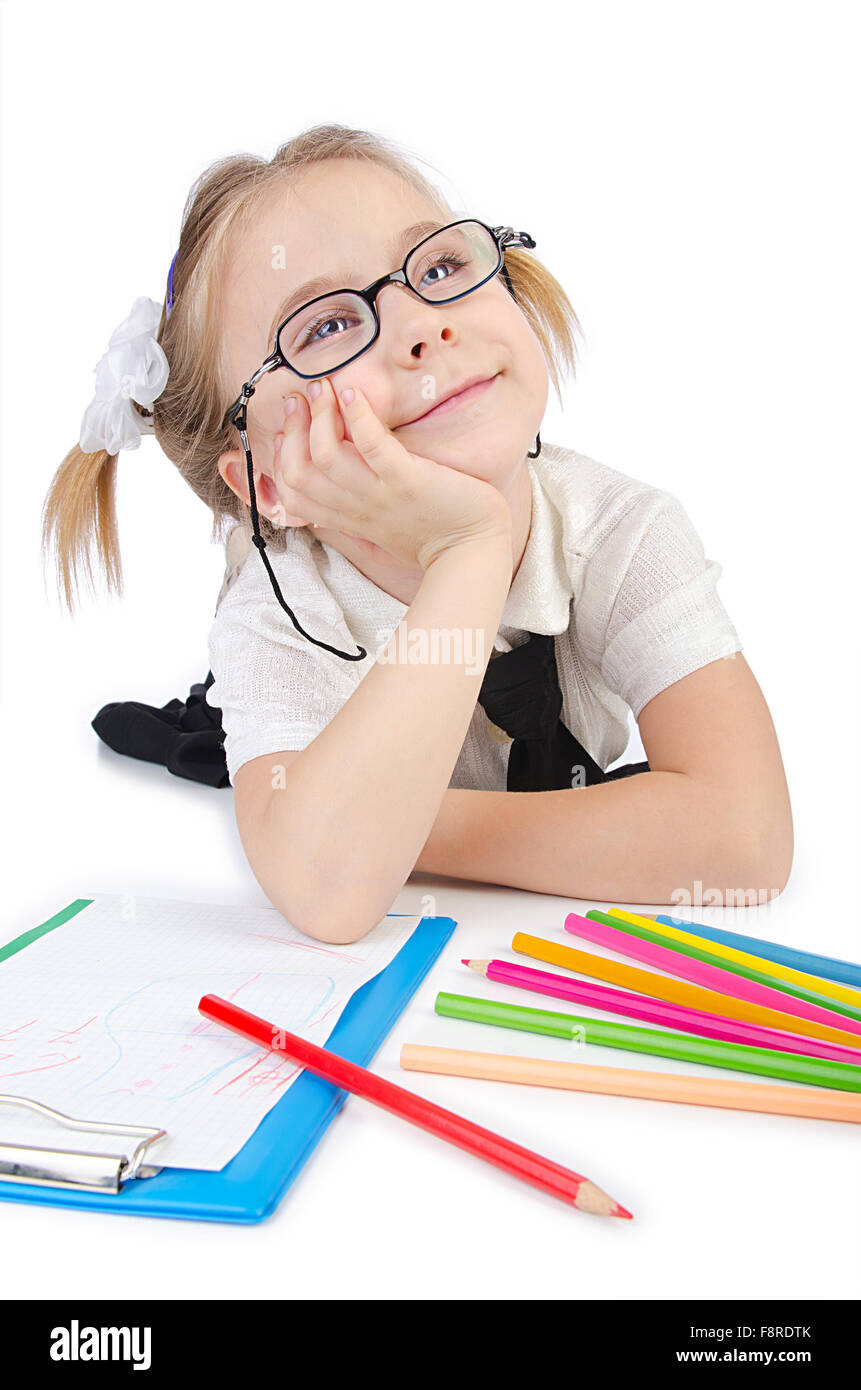 Little girl writing with pencils Stock Photo - Alamy