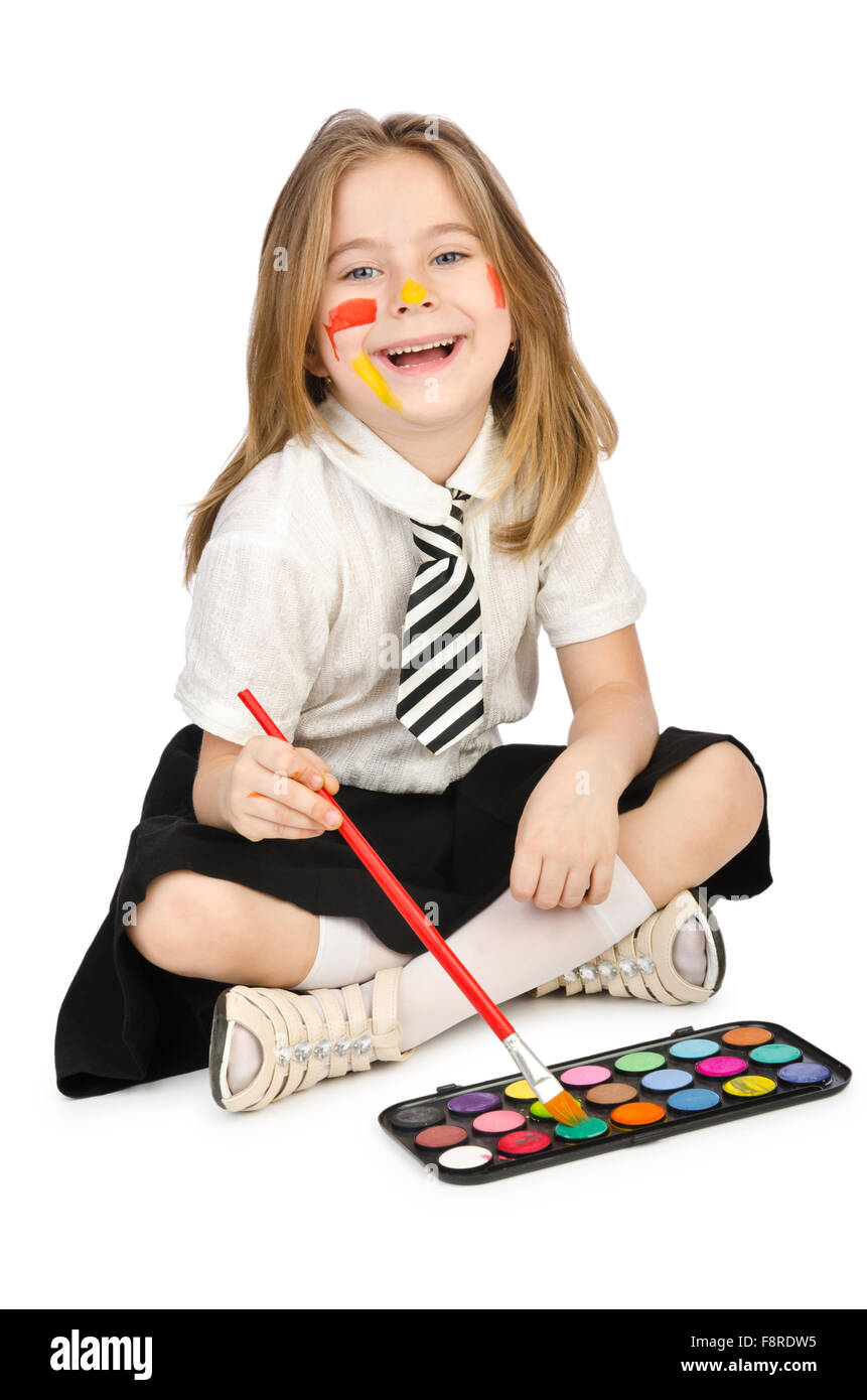 Cute girl with paint on white Stock Photo - Alamy