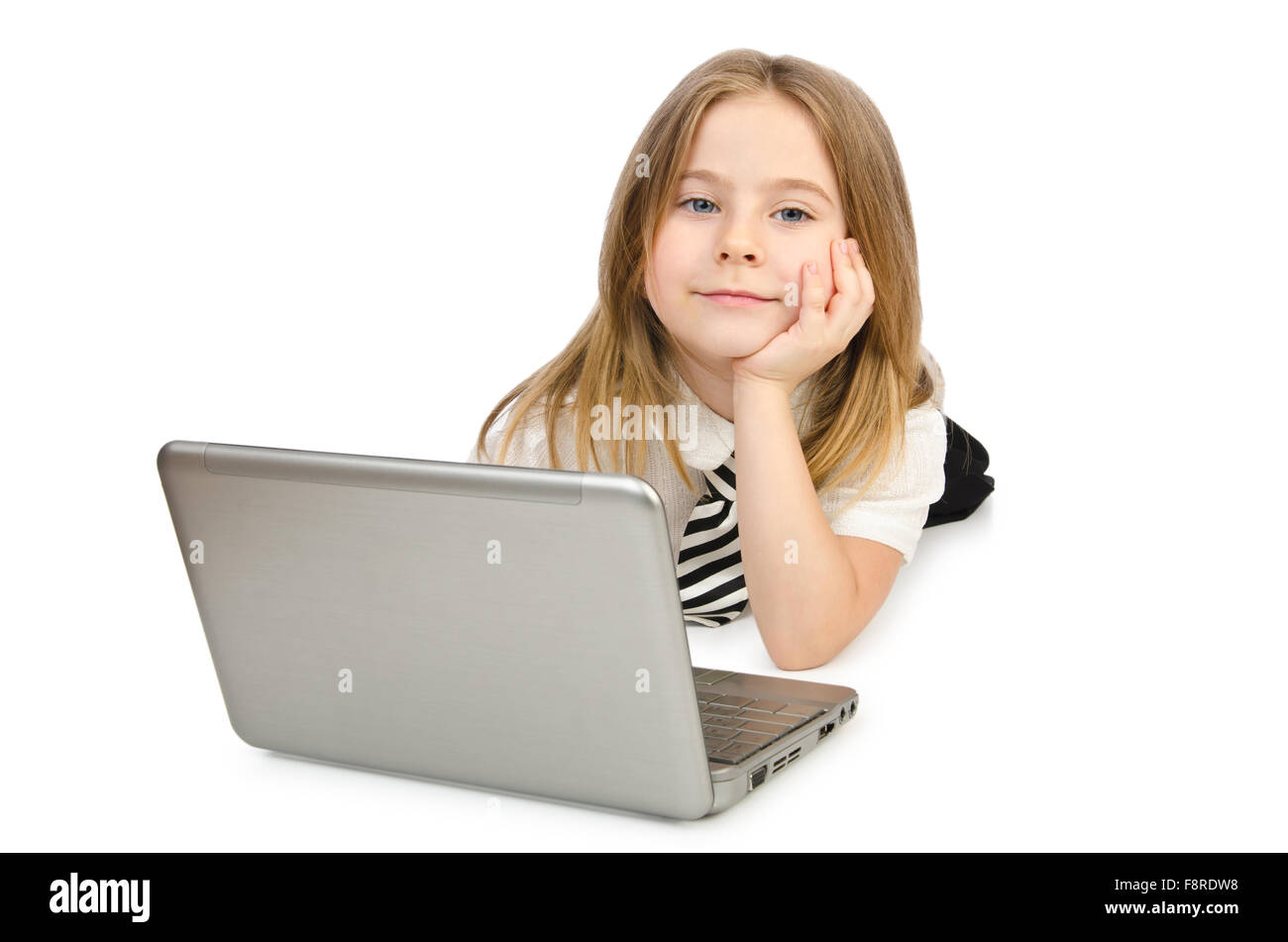 Cute girl with laptop on white Stock Photo - Alamy