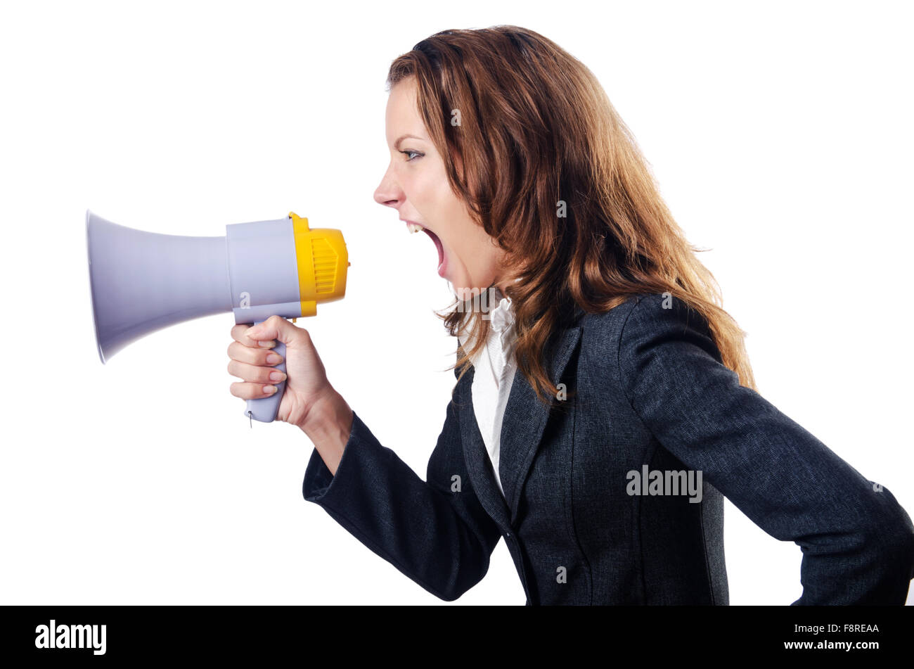 Businesswoman with loudspeaker on white Stock Photo - Alamy