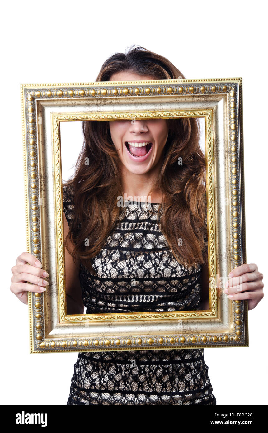 Young woman with picture frame on white Stock Photo - Alamy