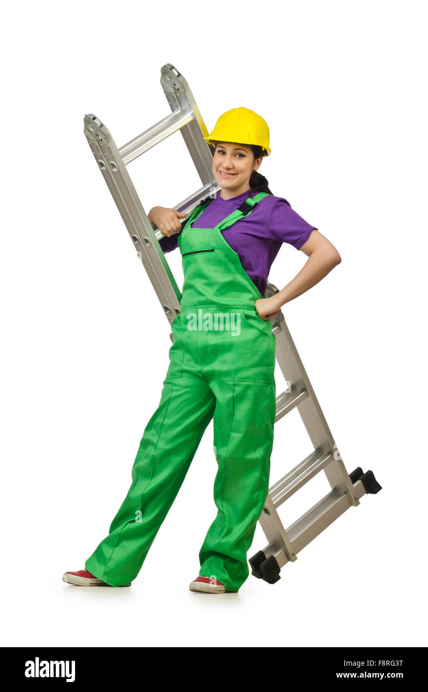 Woman worker with ladder on white Stock Photo - Alamy