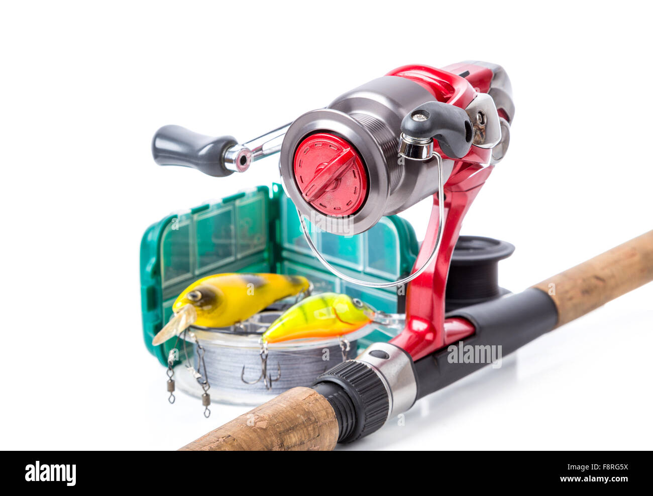 different fishing tackles on white background Stock Photo - Alamy