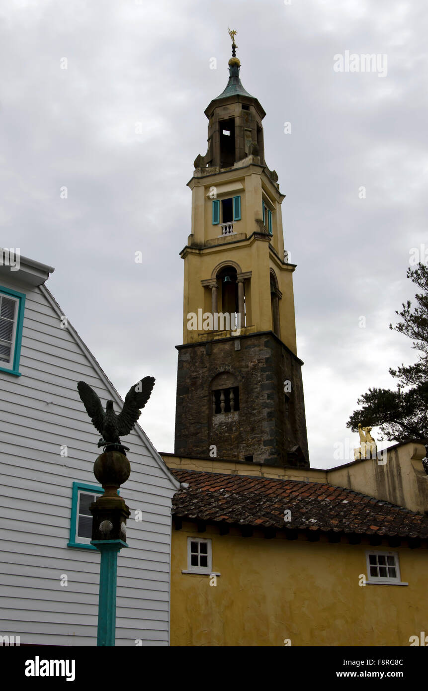 Bell tower at Portmeirion, the village in North Wales that featured as ...