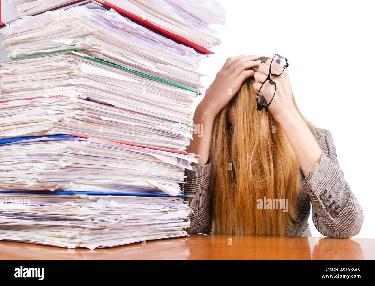 Busy woman with stacks of paper Stock Photo - Alamy