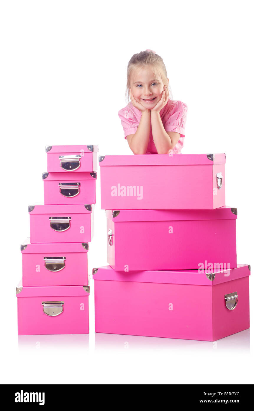Little cute girl with lots of boxes Stock Photo - Alamy