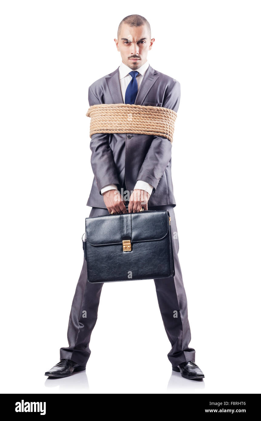 Man tied up with rope on white Stock Photo - Alamy