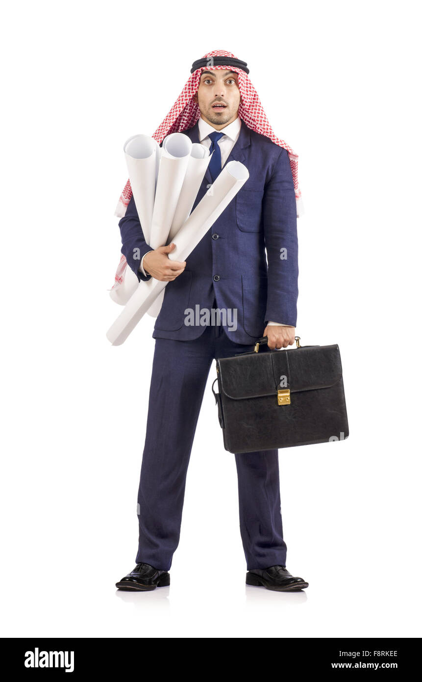 Arab engineer with drawings on white Stock Photo - Alamy