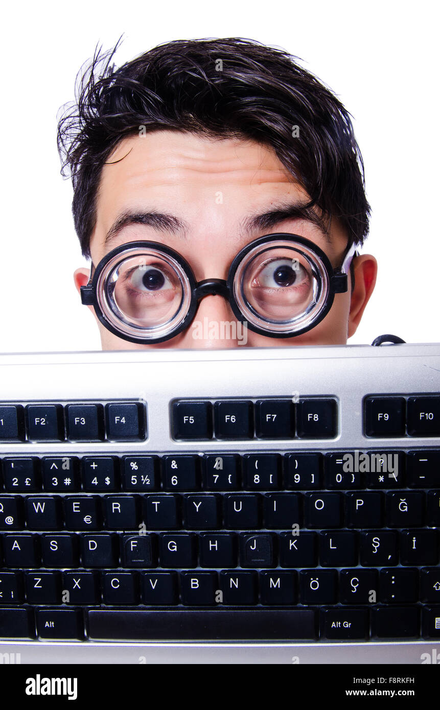Funny computer geek isolated on white Stock Photo - Alamy