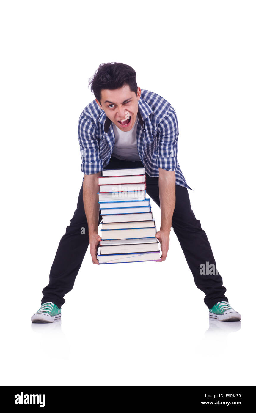 Funny student with stack of books Stock Photo - Alamy