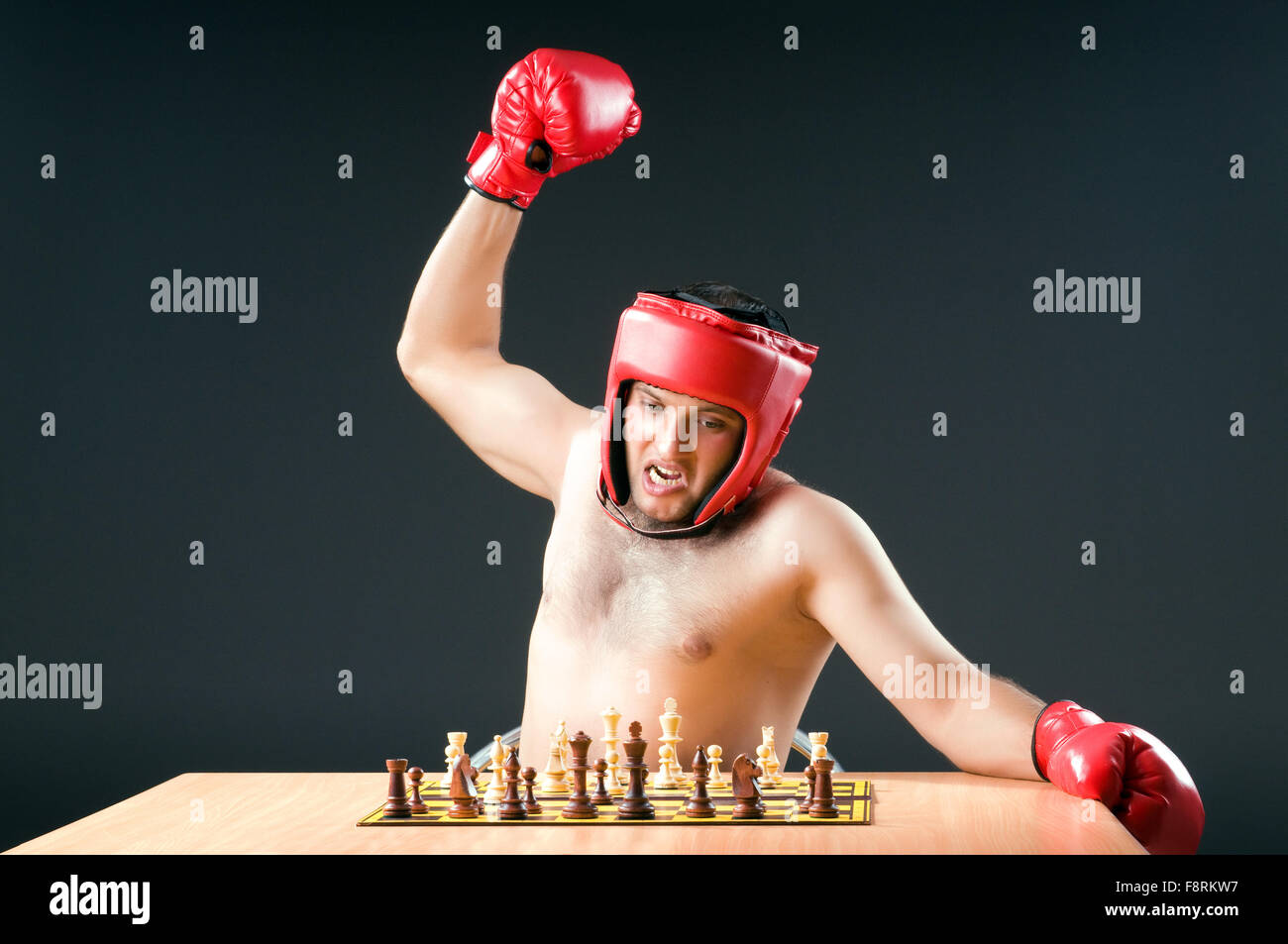 Boxer stuggling with chess game Stock Photo - Alamy