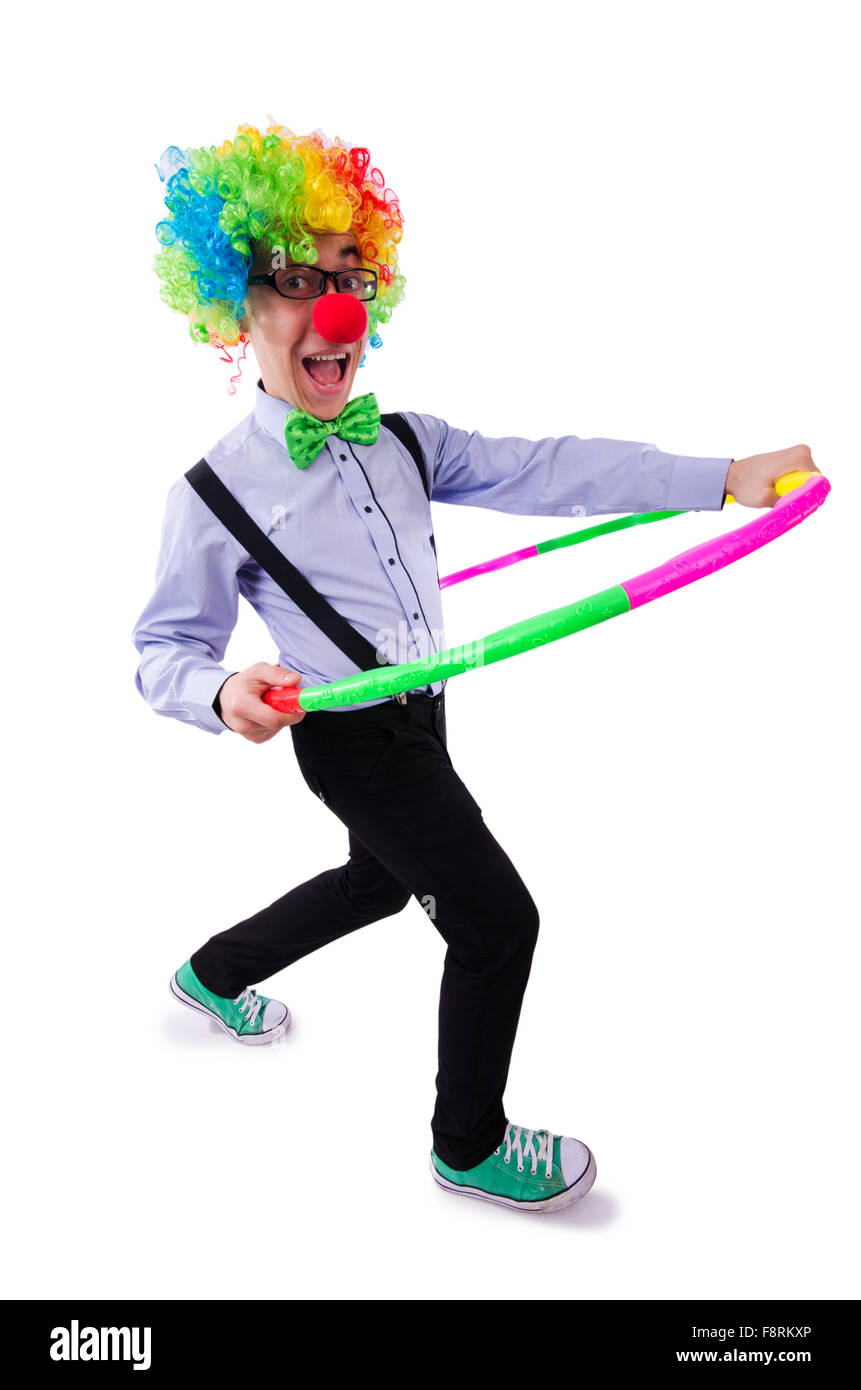 Funny clown with hula hoop on white Stock Photo - Alamy