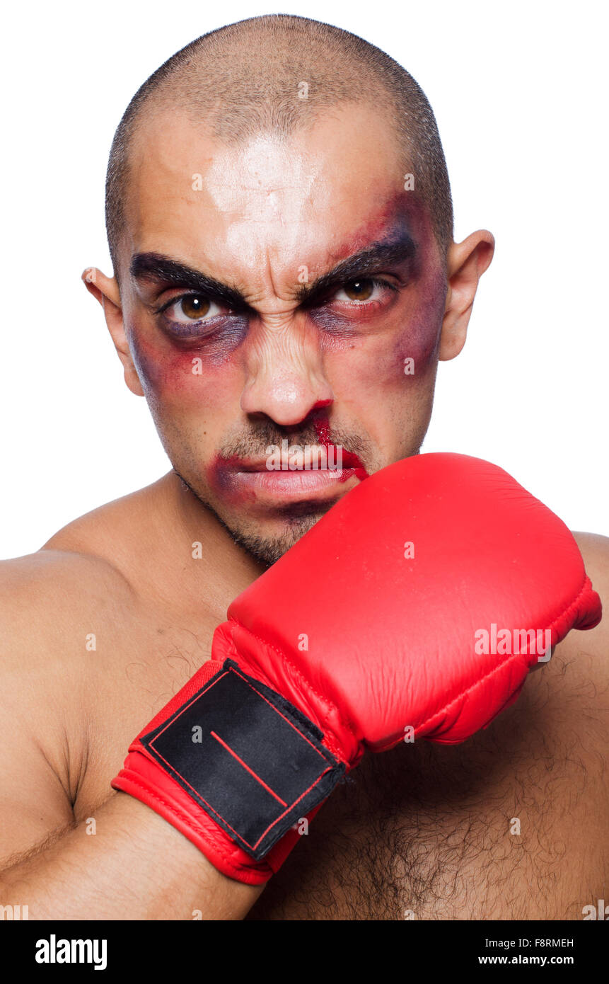 Badly beaten boxer isolated on white Stock Photo - Alamy