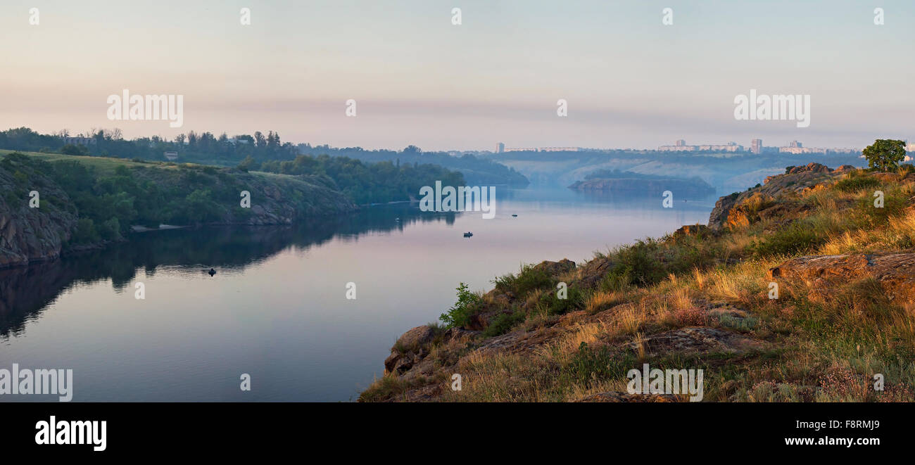Beautiful panoramic landscape from the dawn over the river Stock Photo ...