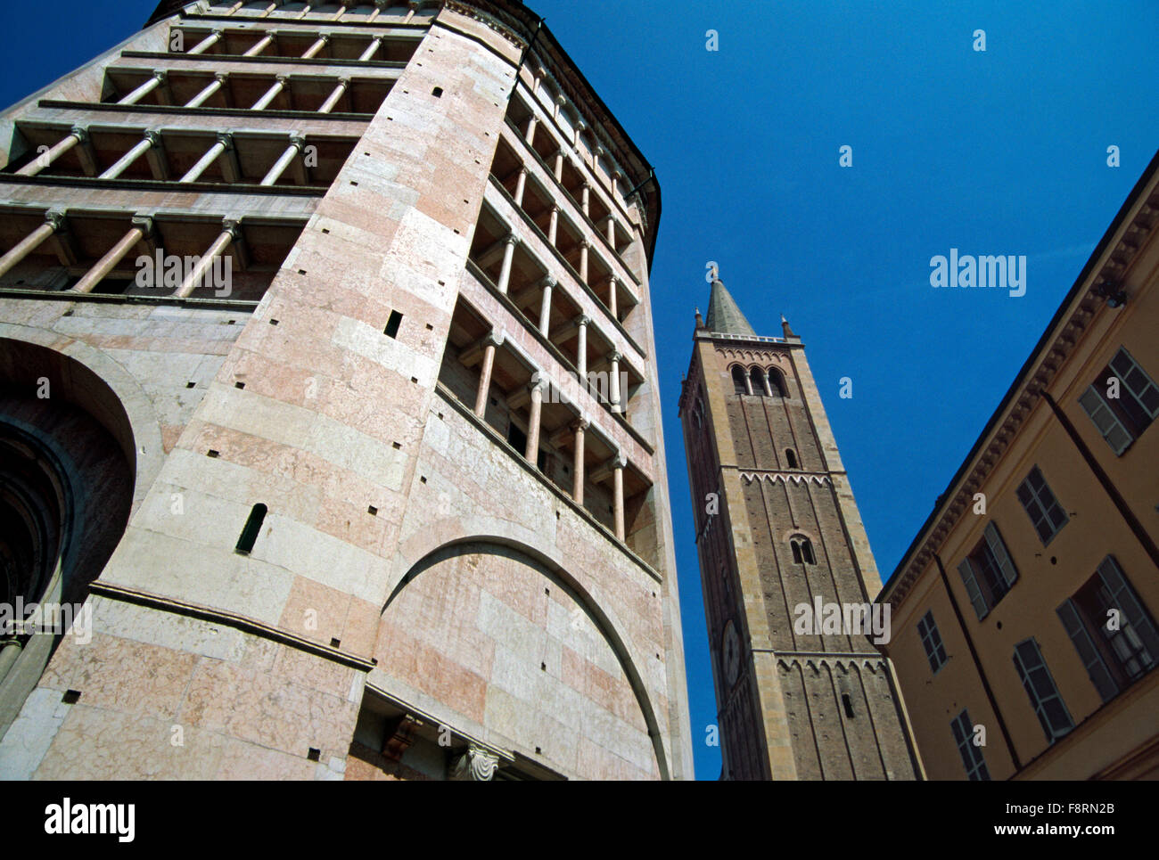 Italy, Emilia Romagna, Parma, Baptistery background Belfry Stock Photo ...