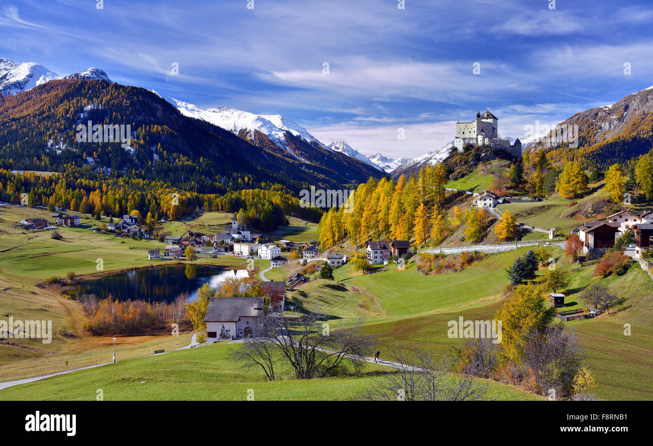 Castle Tarasp and mountain village Fontana in autumn, Scuol, Engadin ...