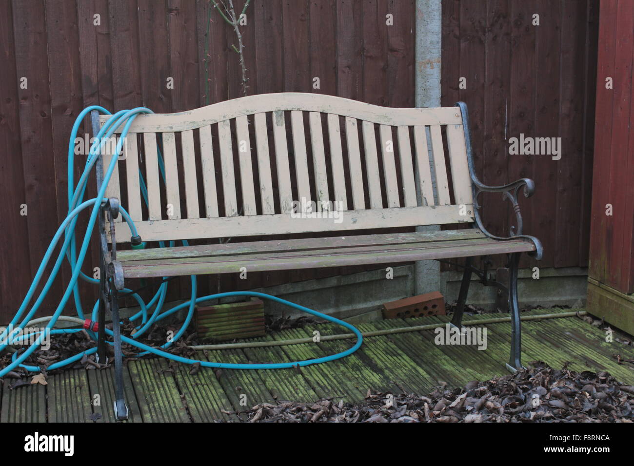 Garden bench with blue hose Stock Photo - Alamy