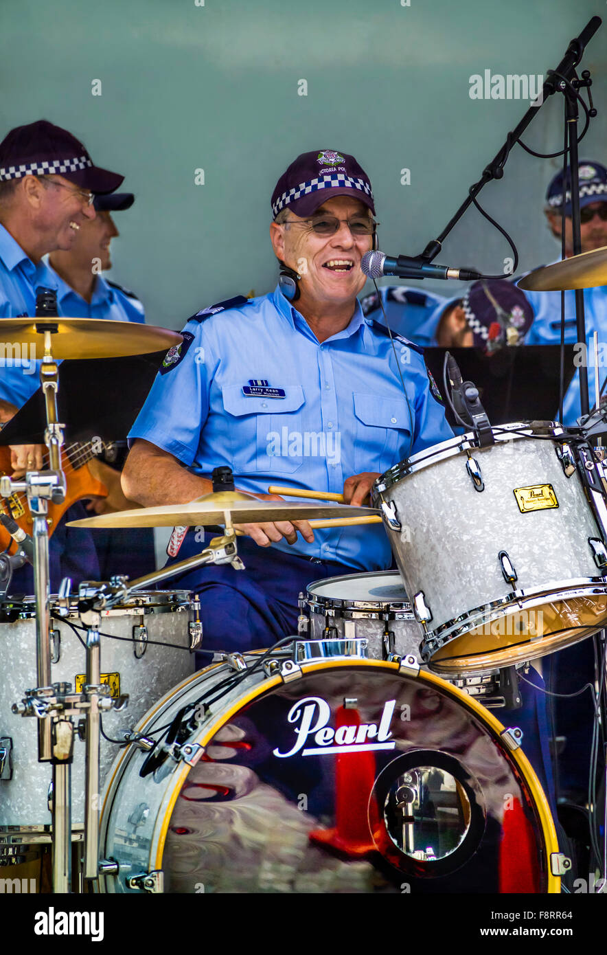 Police officer drummer in Victoria Police brass band performing at ...