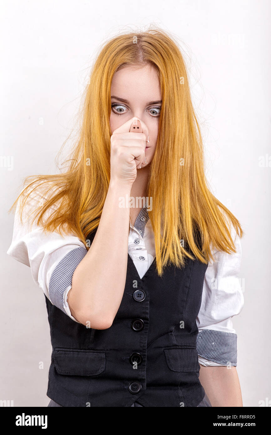 fun girl show pig snout on white background Stock Photo - Alamy