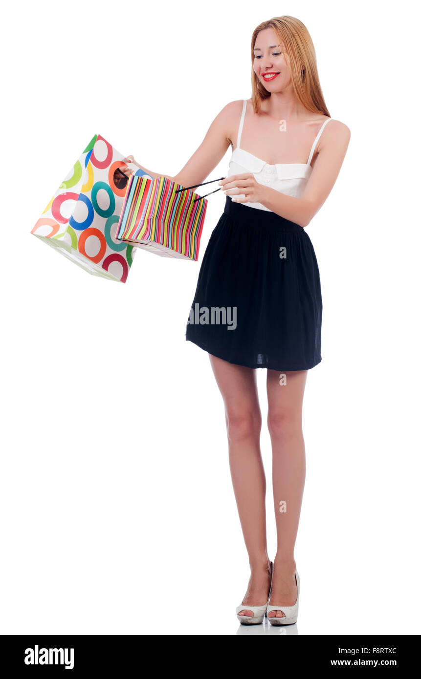 Tall girl after good shopping on white Stock Photo - Alamy