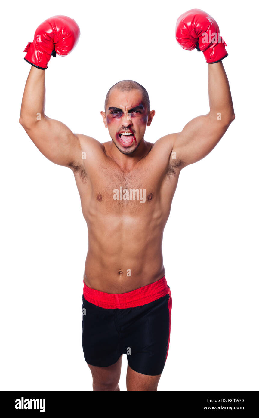 Badly beaten boxer isolated on white Stock Photo - Alamy