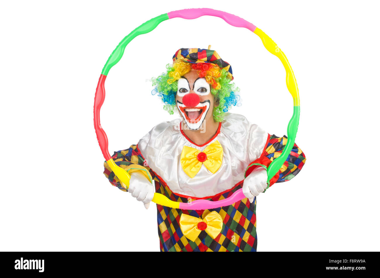 Clown with hula hoop isolated on white Stock Photo - Alamy