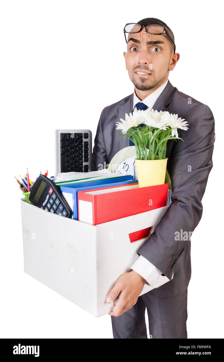 Man being fired with box of personal stuff Stock Photo - Alamy