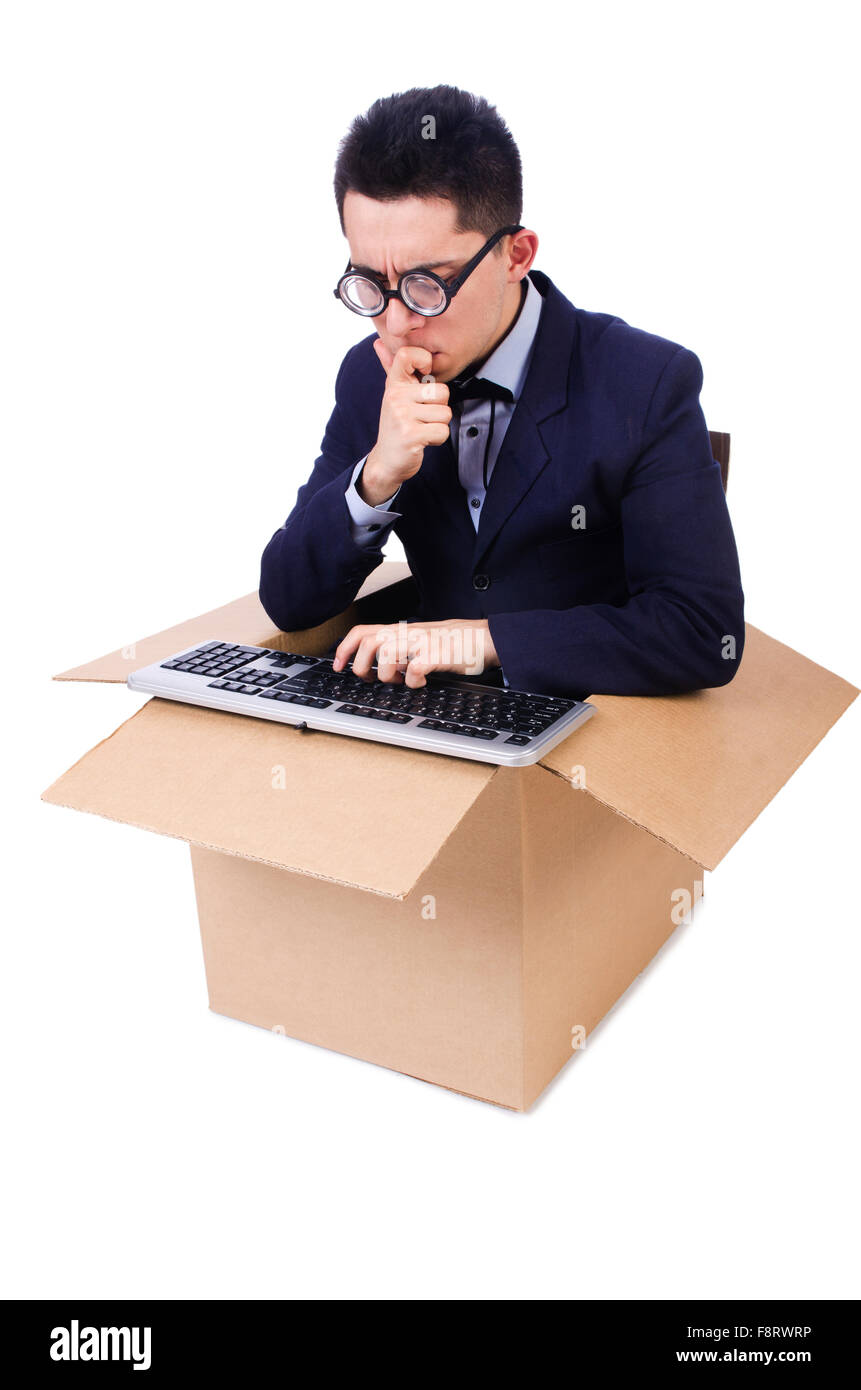 Funny computer geek sitting in the box Stock Photo - Alamy