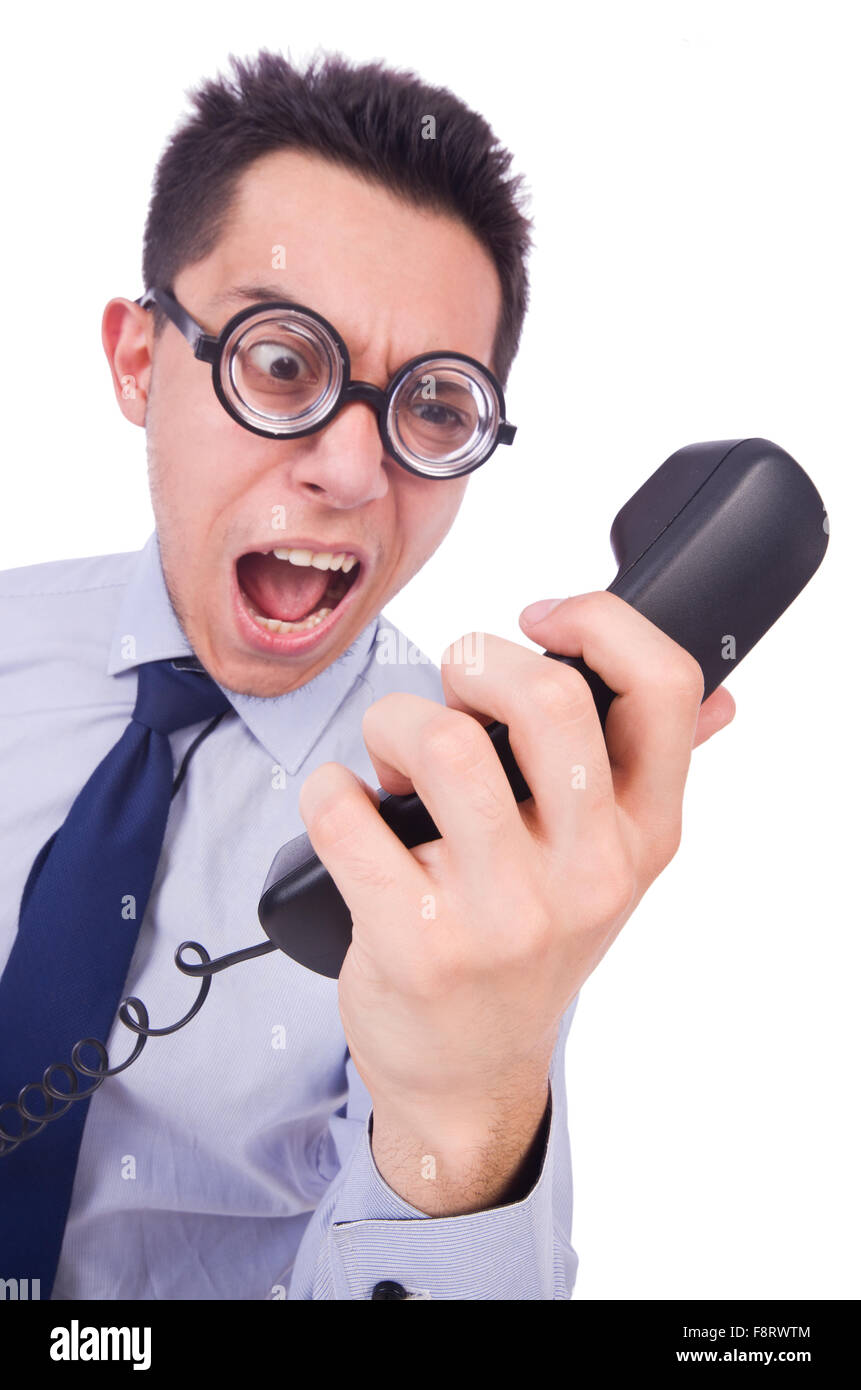 Crazy man with phone on white Stock Photo - Alamy