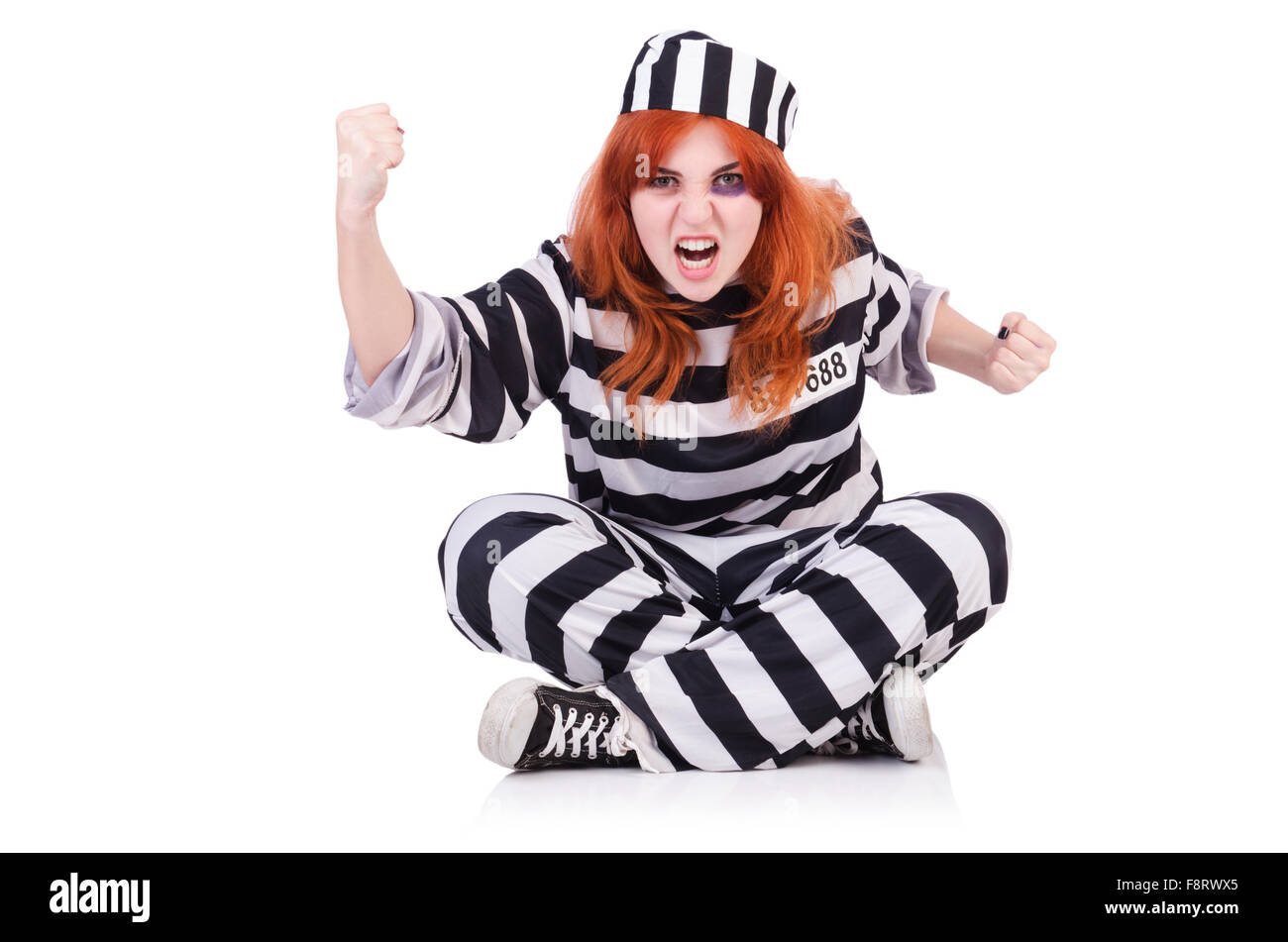 Prisoner in striped uniform on white Stock Photo - Alamy