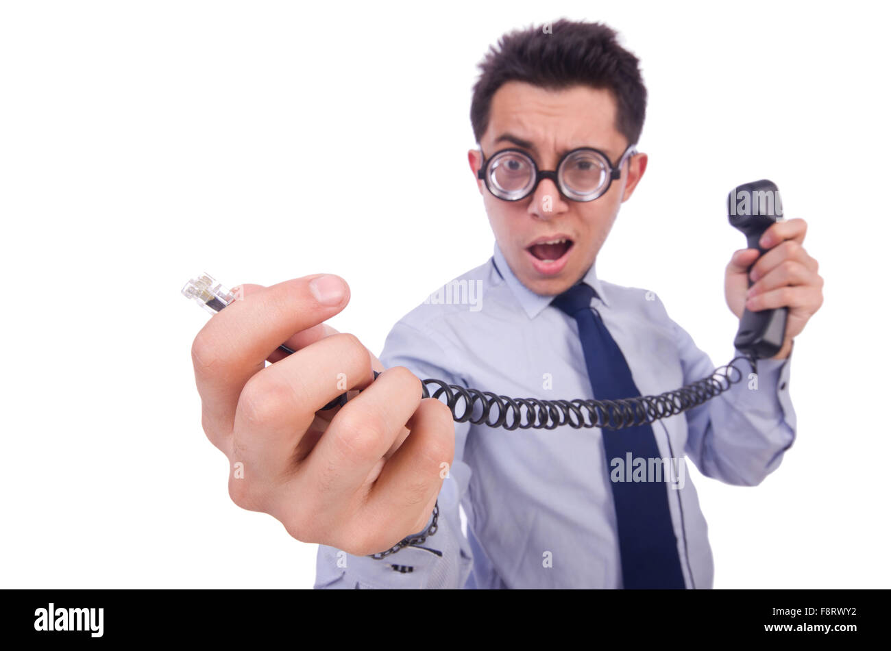 Crazy man with phone on white Stock Photo - Alamy