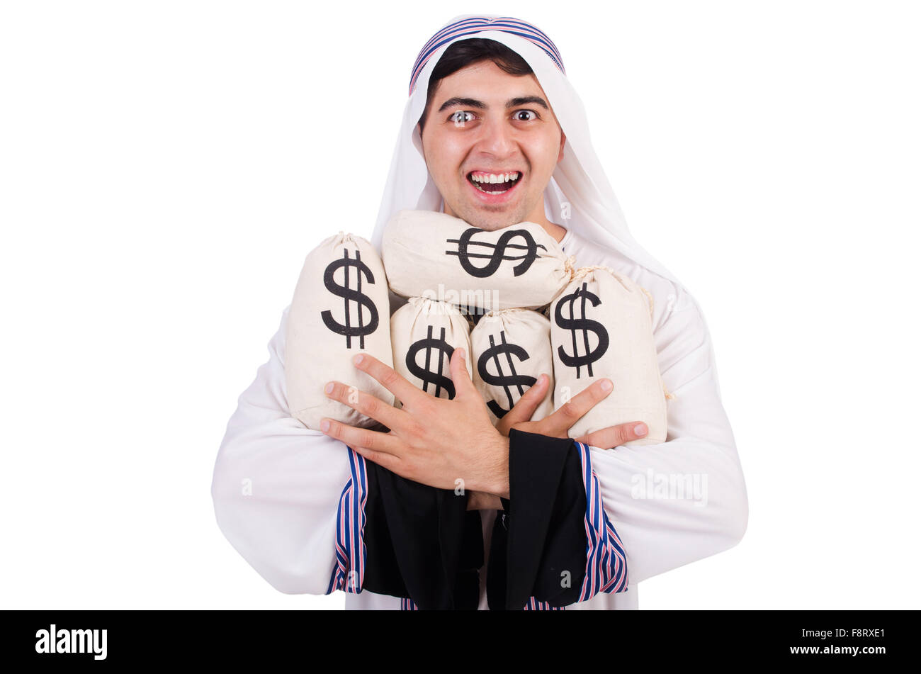 Arab man with money sacks isolated on white Stock Photo - Alamy