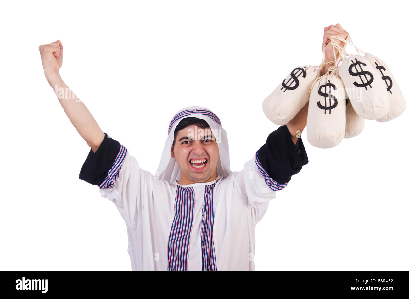 Arab man with money sacks isolated on white Stock Photo - Alamy
