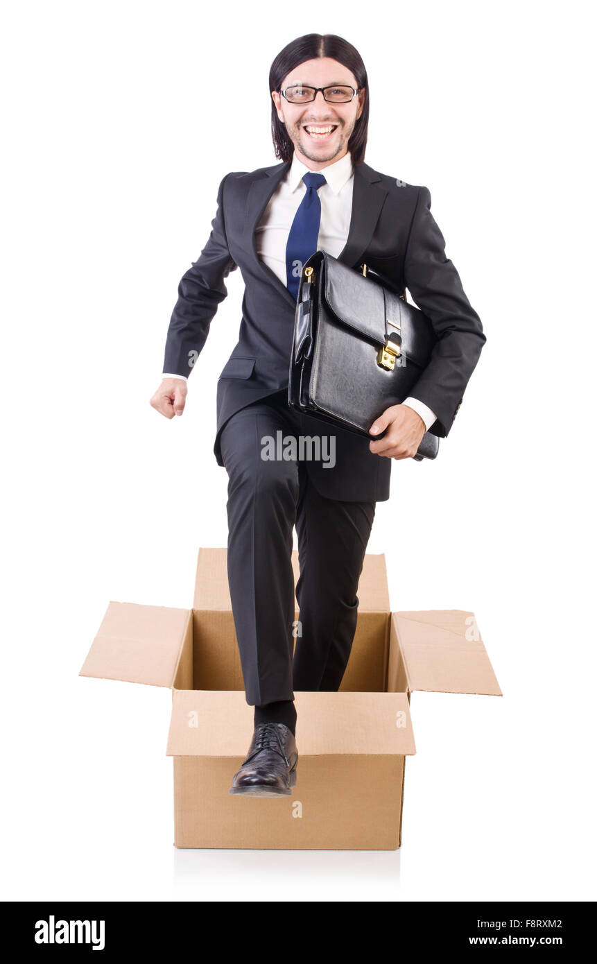 Man in thinking out of the box concept Stock Photo - Alamy
