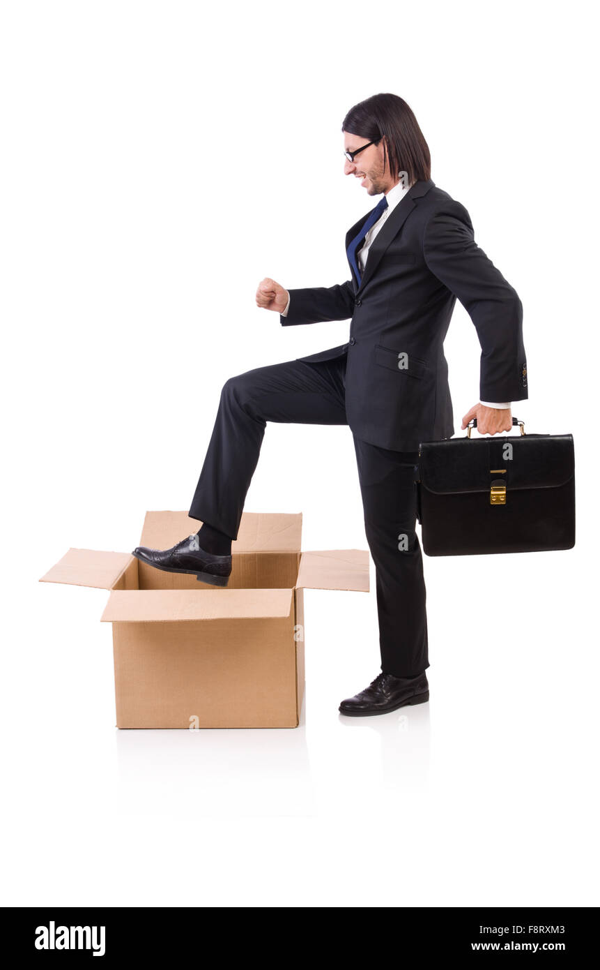 Man in thinking out of the box concept Stock Photo - Alamy
