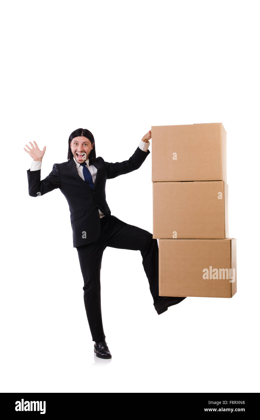 Funny man with boxes on white Stock Photo - Alamy