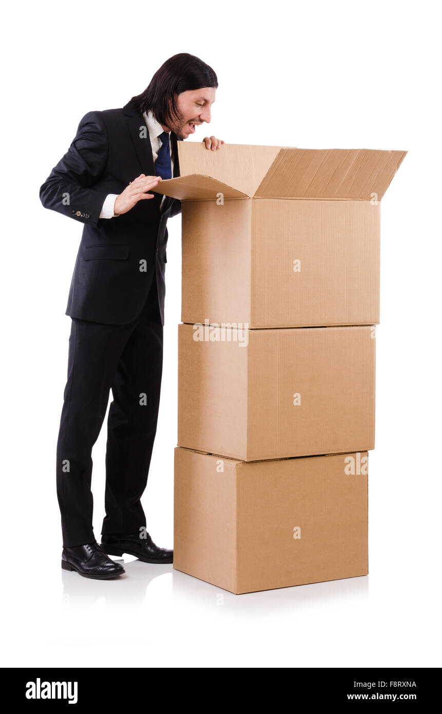 Funny man with boxes on white Stock Photo - Alamy