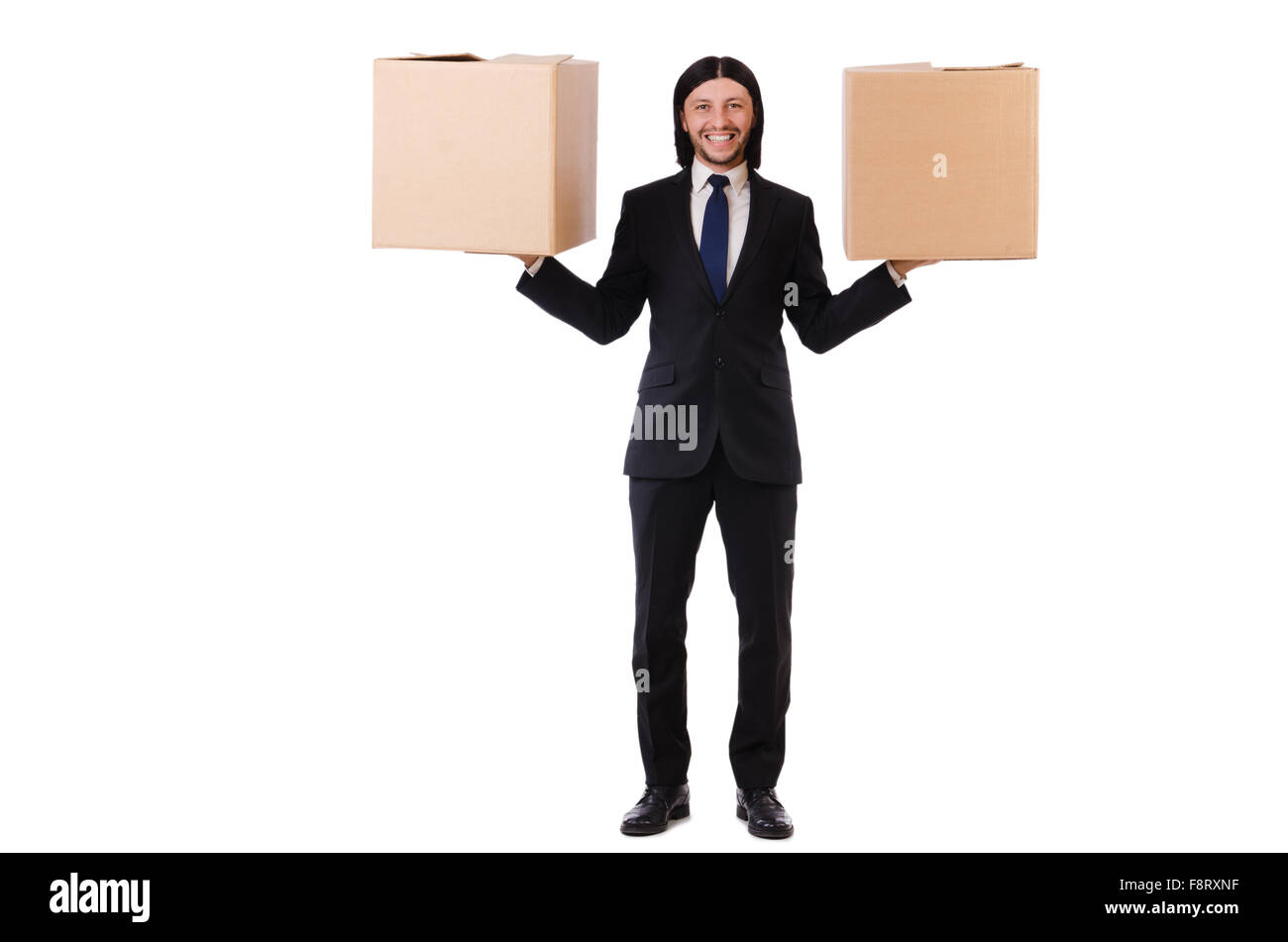 Funny man with boxes on white Stock Photo - Alamy