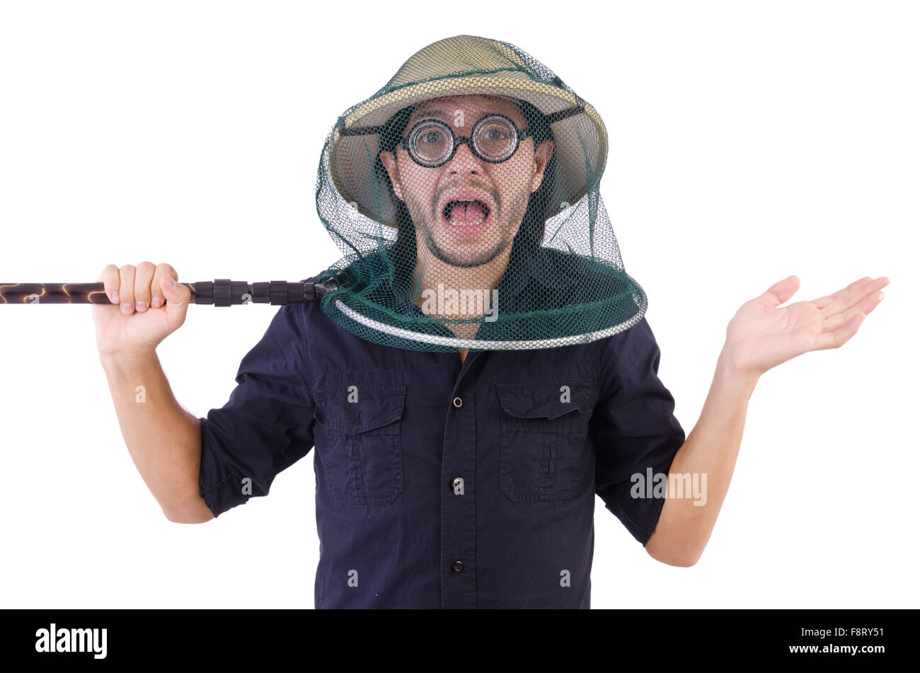 Funny guy with catching net on white Stock Photo - Alamy