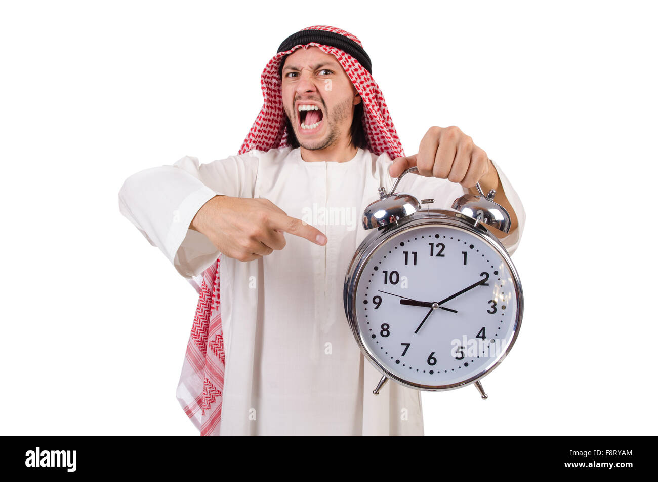 Arab man in time concept on white Stock Photo - Alamy