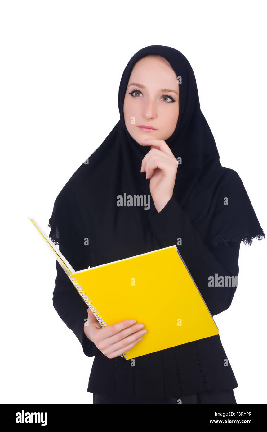 Young muslim student with books on white Stock Photo - Alamy