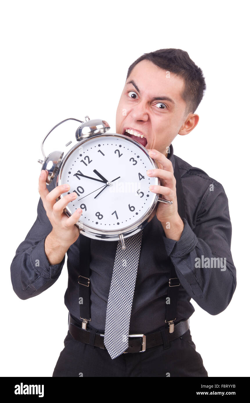 Funny businessman with clock isolated on white Stock Photo - Alamy