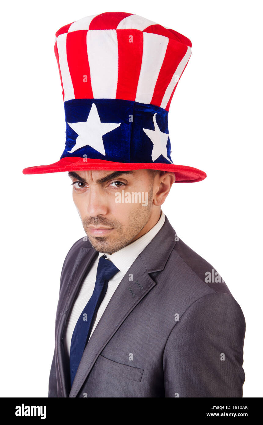 Angry man with american hat isolated on white Stock Photo - Alamy