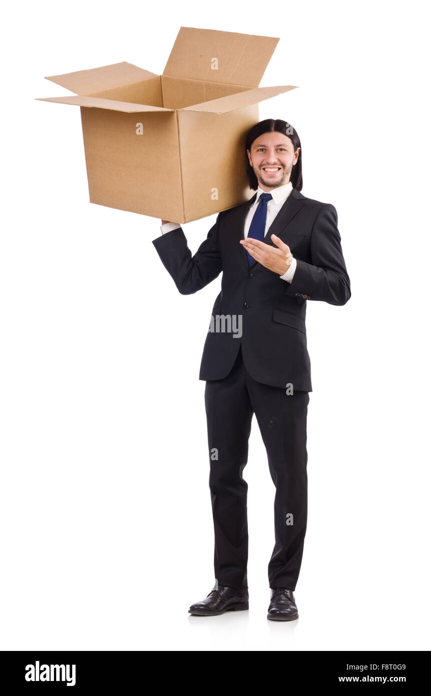 Funny man with boxes on white Stock Photo - Alamy