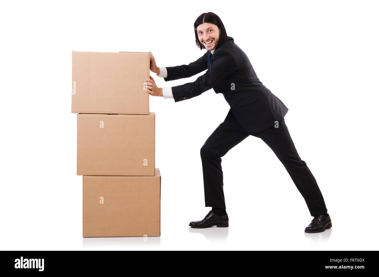 Funny man with boxes on white Stock Photo - Alamy