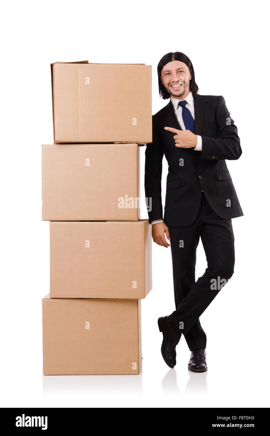 Funny man with boxes on white Stock Photo - Alamy