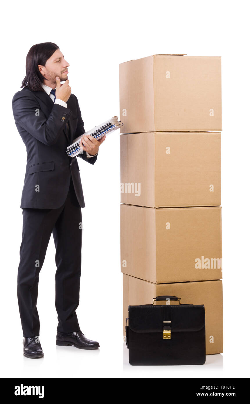 Man with boxes full of work Stock Photo - Alamy